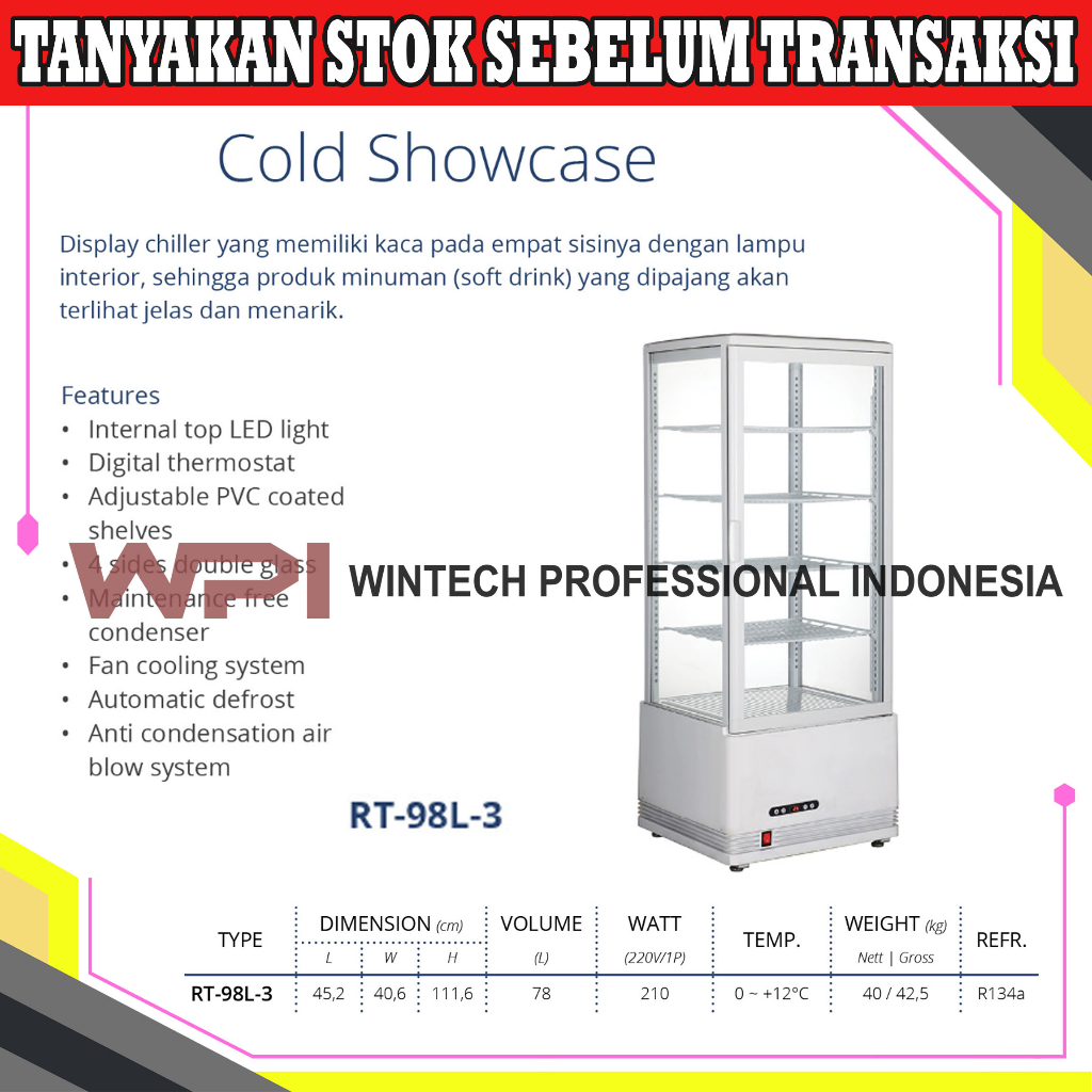 Jual Gea RT-98L-3 Cold Showcase Display Minuman Soft Drink Dengan Kaca Di Empat Sisi Dan Lampu ...