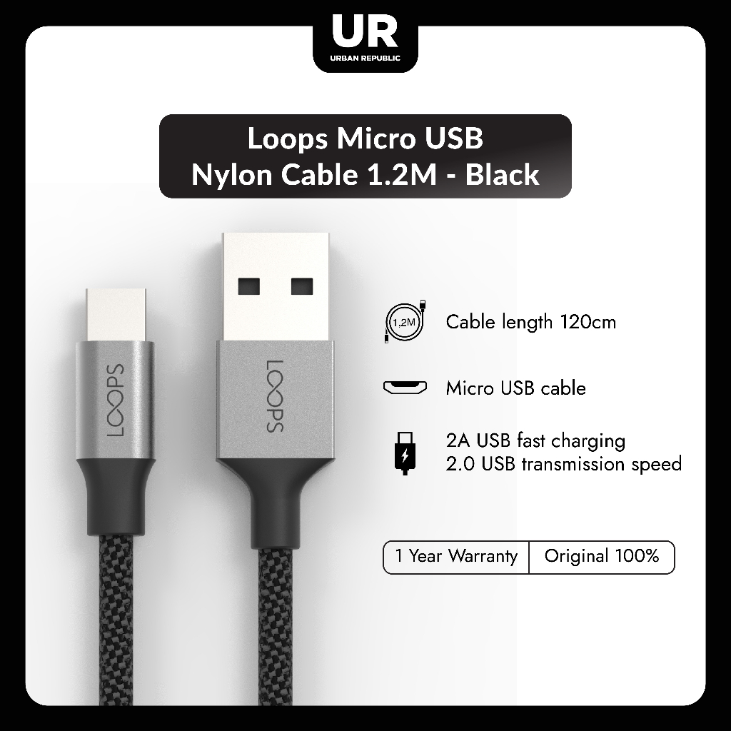 Jual Loops Micro USB Nylon Cable 1.2M - Black | Shopee Indonesia