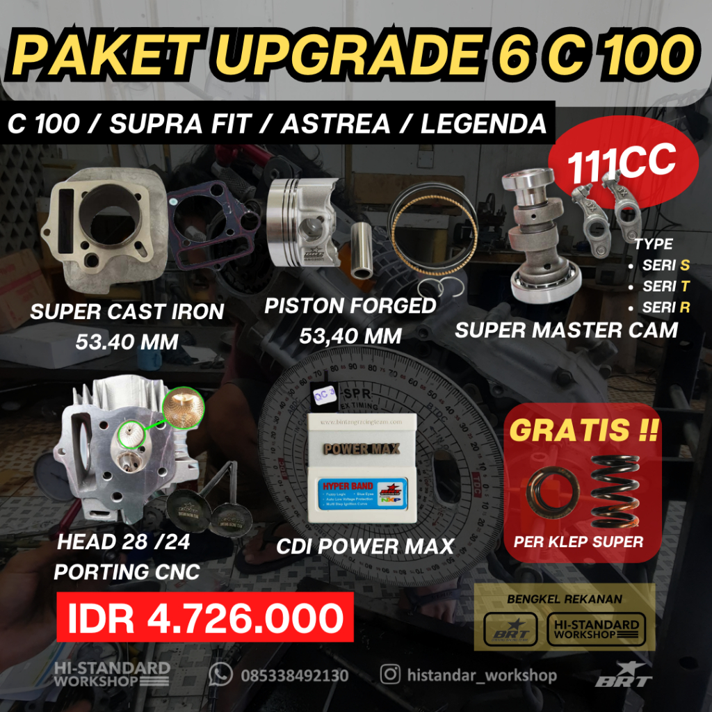 Jual PAKET UPGRADE 6 BRT C100 SUPRA FIT ASTREA LEGENDA BLOK+PISTON FORGED 53,40 MASTER CAM/NOKEN ...