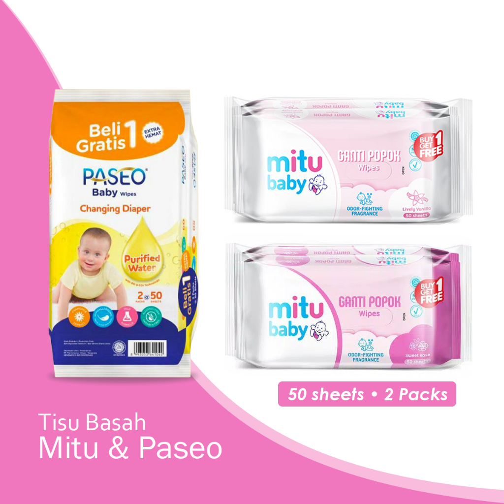Jual Tisu Basah Mitu & Paseo 50 Sheets Baby Wipes Beli 1 Gratis 1 ...