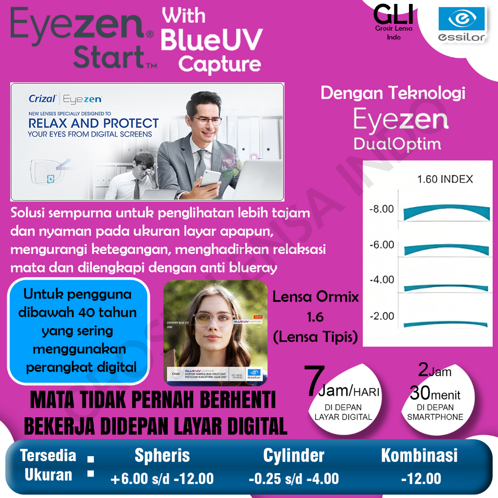 Jual Lensa Kacamata Essilor SV Eyezen Start Ormix 1.6 Blue UV Capture ...
