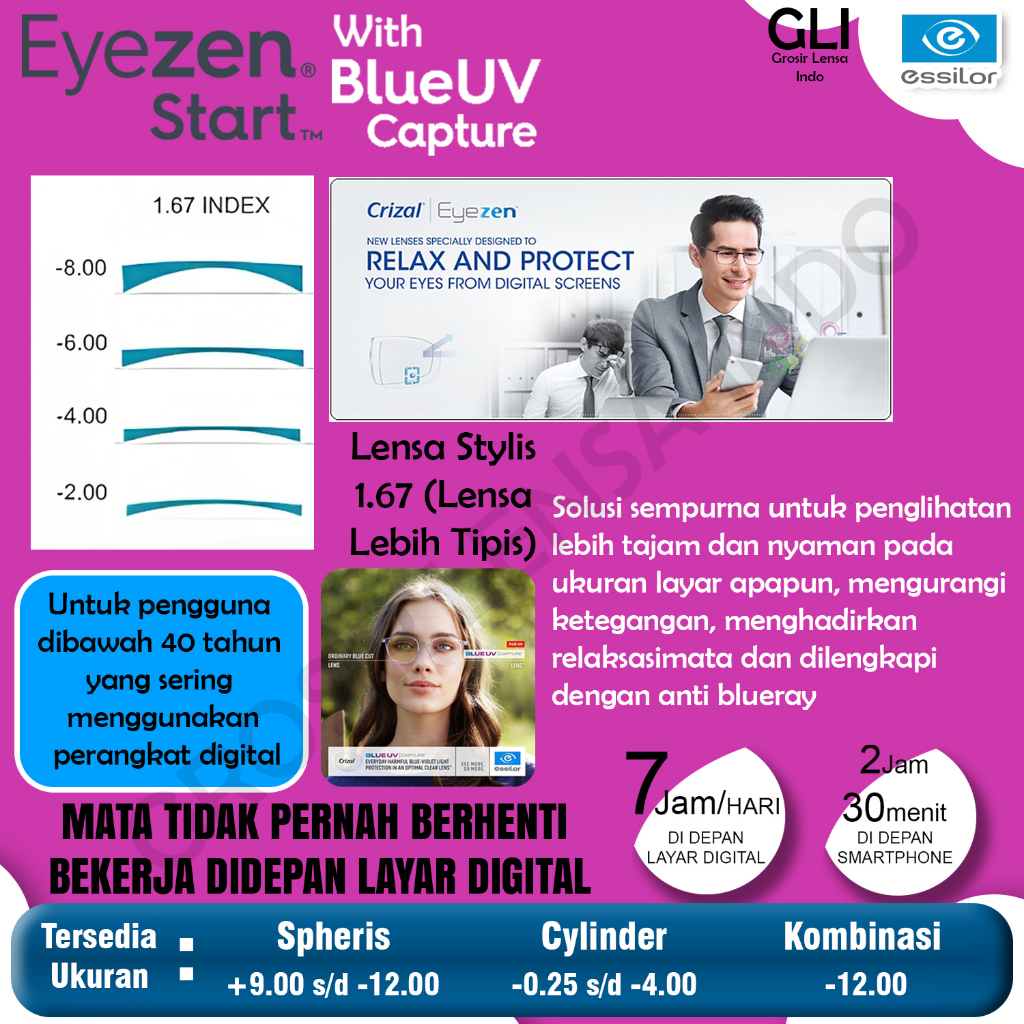 Jual Lensa Kacamata Essilor SV Eyezen Start Stylis 1.67 Blue UV Capture Crizal Sapphire / Drive ...