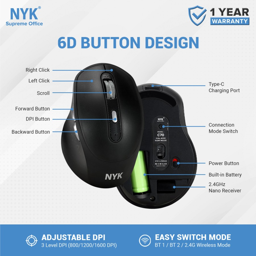 Jual NYK C70 Mouse Wireless & Bluetooth Silent Click Rechargeable ...