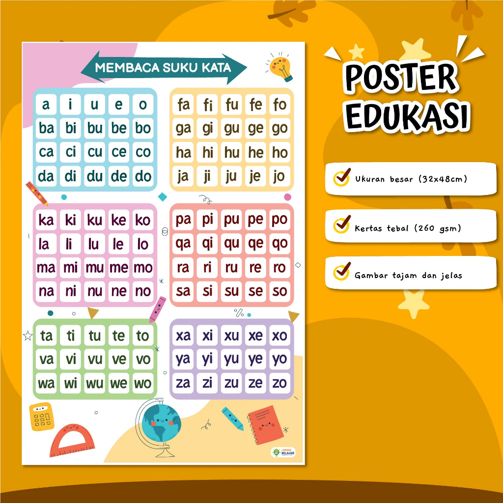 Jual Lembar Belajar Poster Mengeja Suku Kata - Poster Edukasi Anak ...