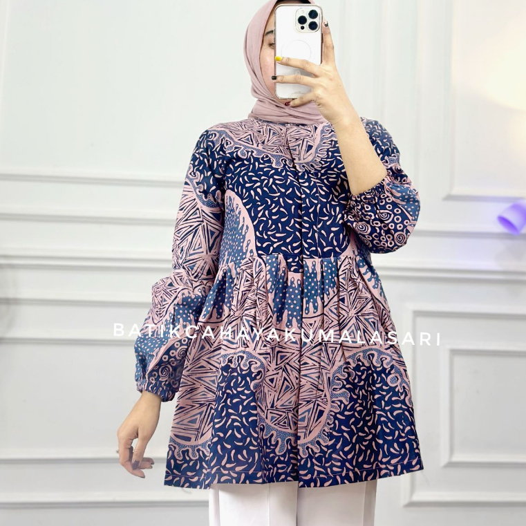 Jual Blouse Batik Wanita Lengan Balon Motif MEDINA BIRU - Bahan Katun ...
