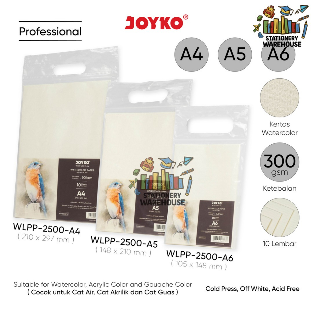 Jual Watercolor Paper Kertas Cat Air 300 gsm 10 Sheets Joyko WLPP-2500 A6 A5 A4 | Shopee Indonesia
