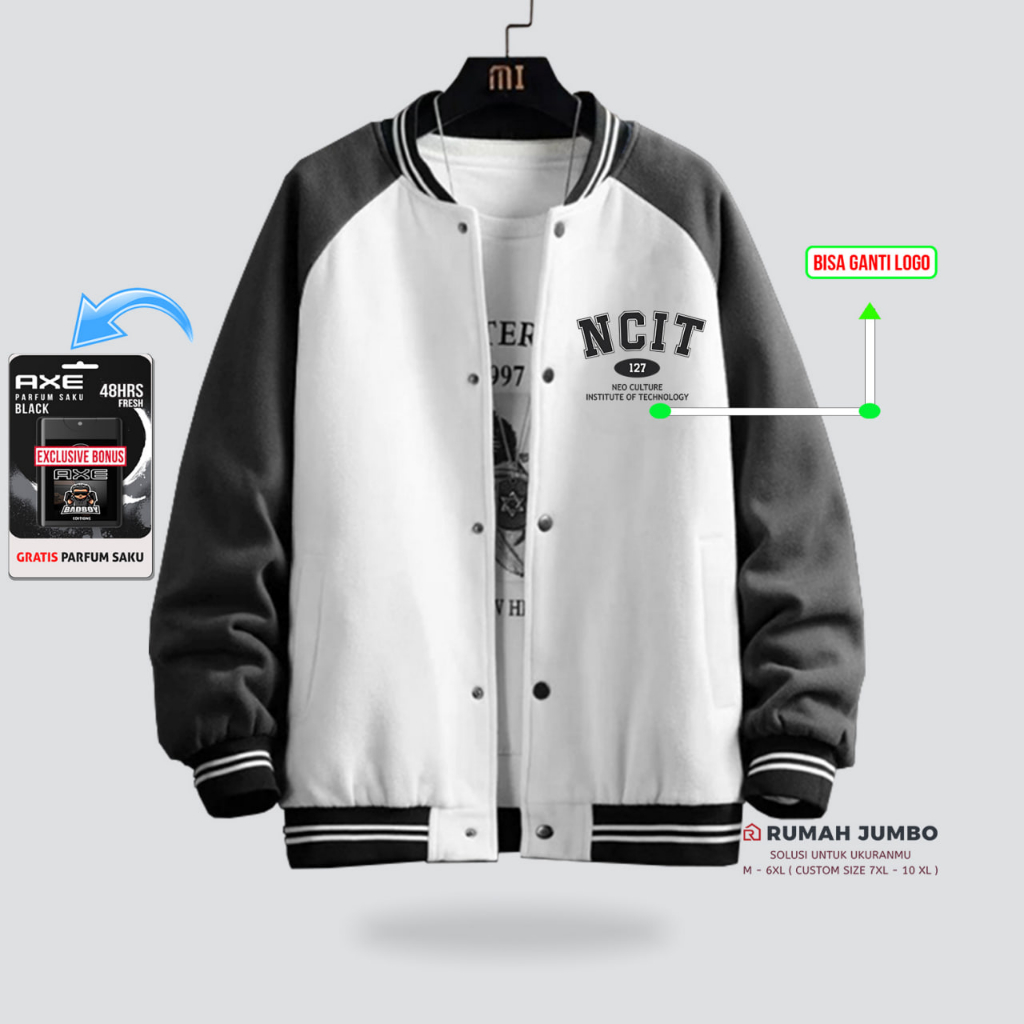 Jual Jaket Bomber Varsity Kancing NCIT Putih Abu Tua Oversize (M - 6XL ...