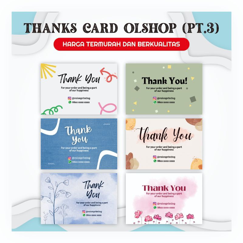 Jual Thank You Card Custom Olshop / Lucu / Elegan / Simple / Bunga ...