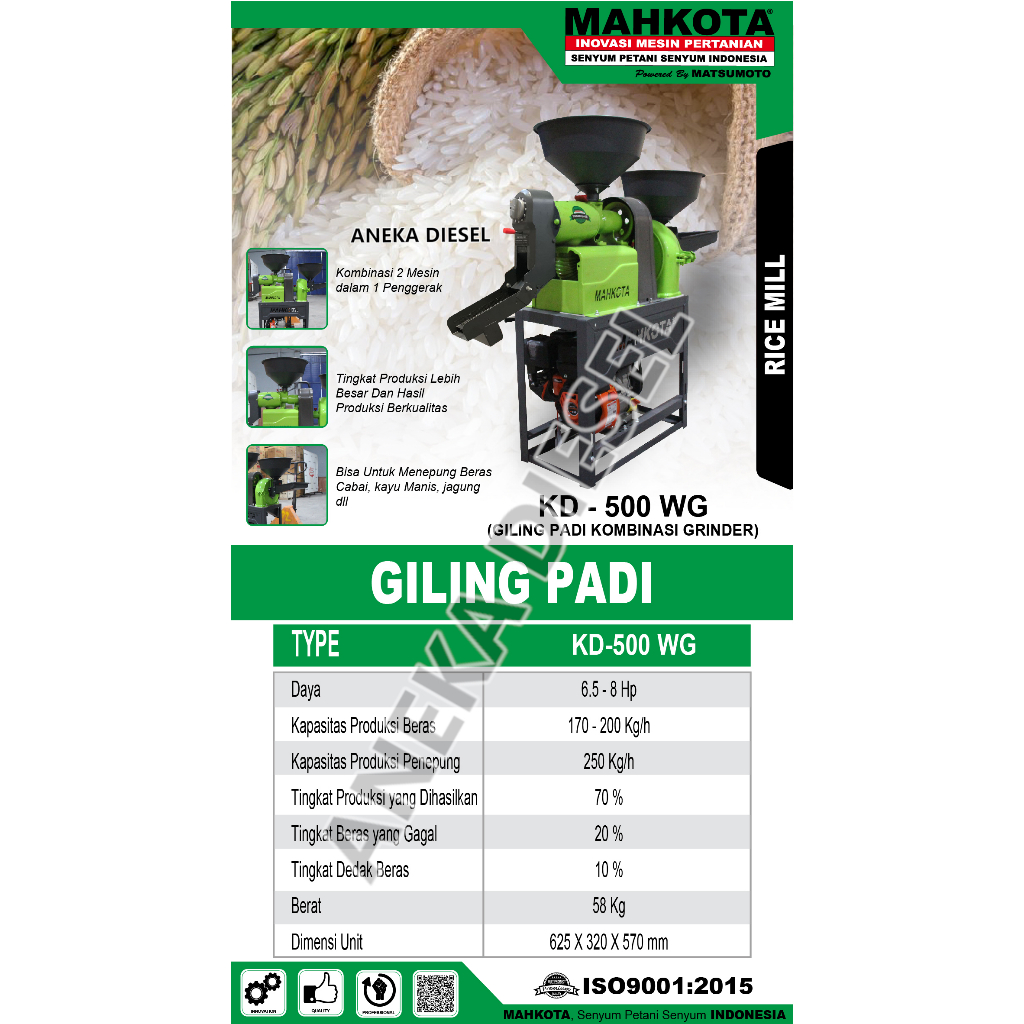 Jual Mesin Giling Padi KD 500WG MAHKOTA Mesin Gilingan Selep Padi dan Tepung KD 500WG MAHKOTA ...