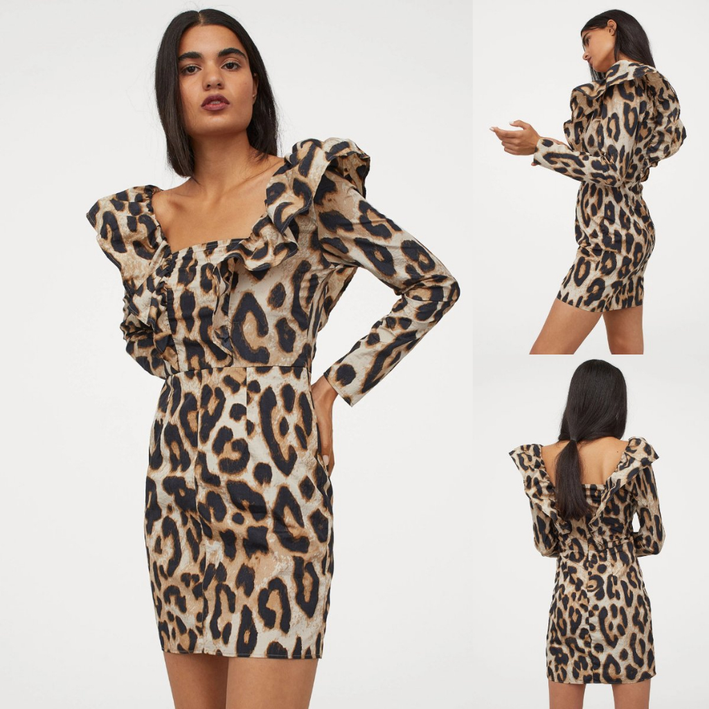 Jual HM Leopard Flounce Shoulder Mini Dress - 4008 | Shopee Indonesia