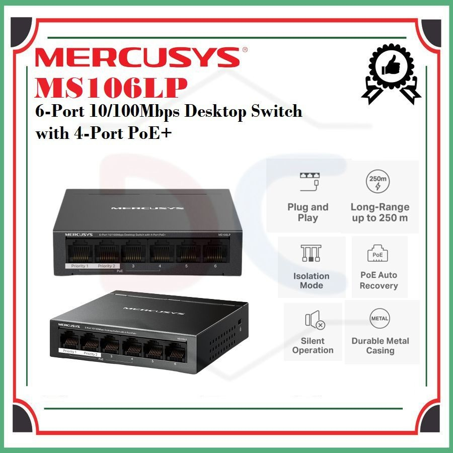 Jual MERCUSYS DESKTOP SWITCH WITH 4-Port PoE+ MS106LP 6-PORT 10/100Mbps ...