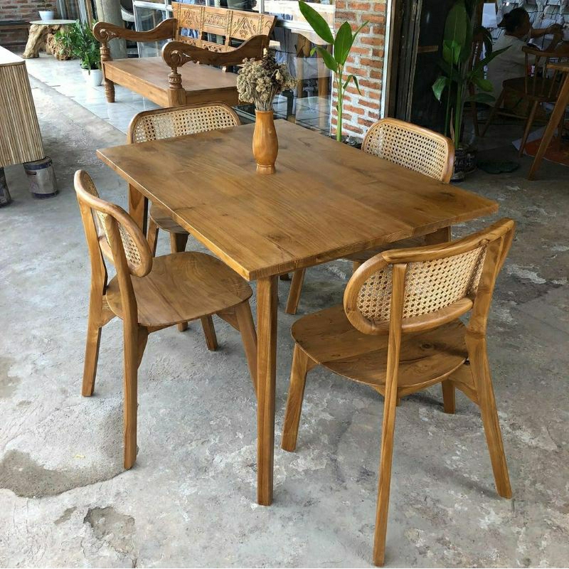 Jual Meja makan set 4 kursi retro aestetic jati rotan, kursi cafe resto | Shopee Indonesia