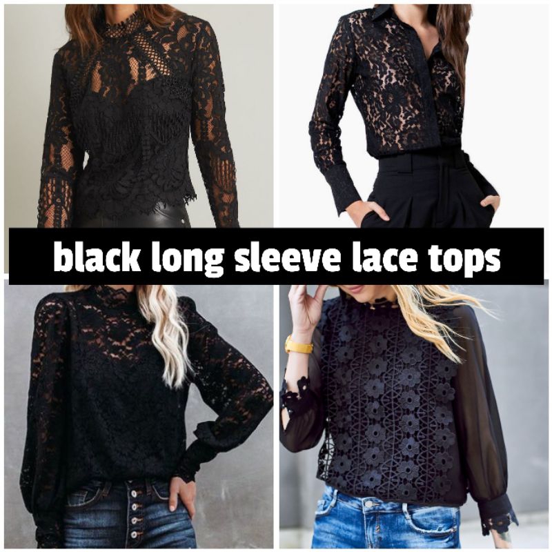 Jual atasan brukat hitam tangan panjang puff / Lace blouse PL | Shopee ...