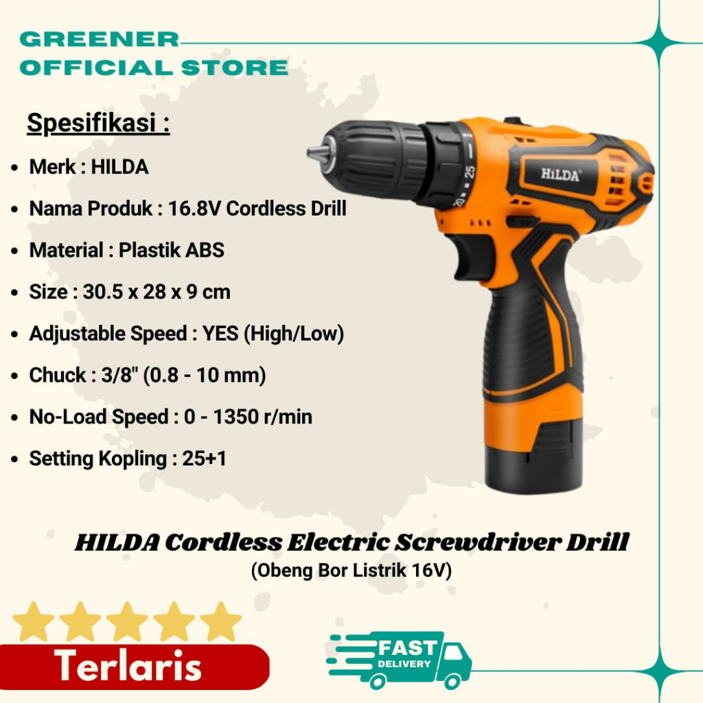 Jual HILDA Cordless Electric Screwdriver Drill Obeng Bor Listrik 16V ...