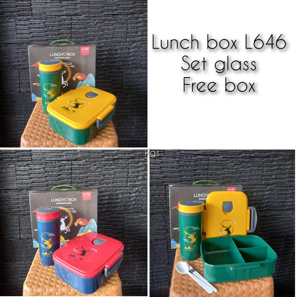 Jual LUNCH BOX L646 SET GELAS BAG KOTAK MAKAN / TEMPAT BEKAL NASI FREE BOX | Shopee Indonesia