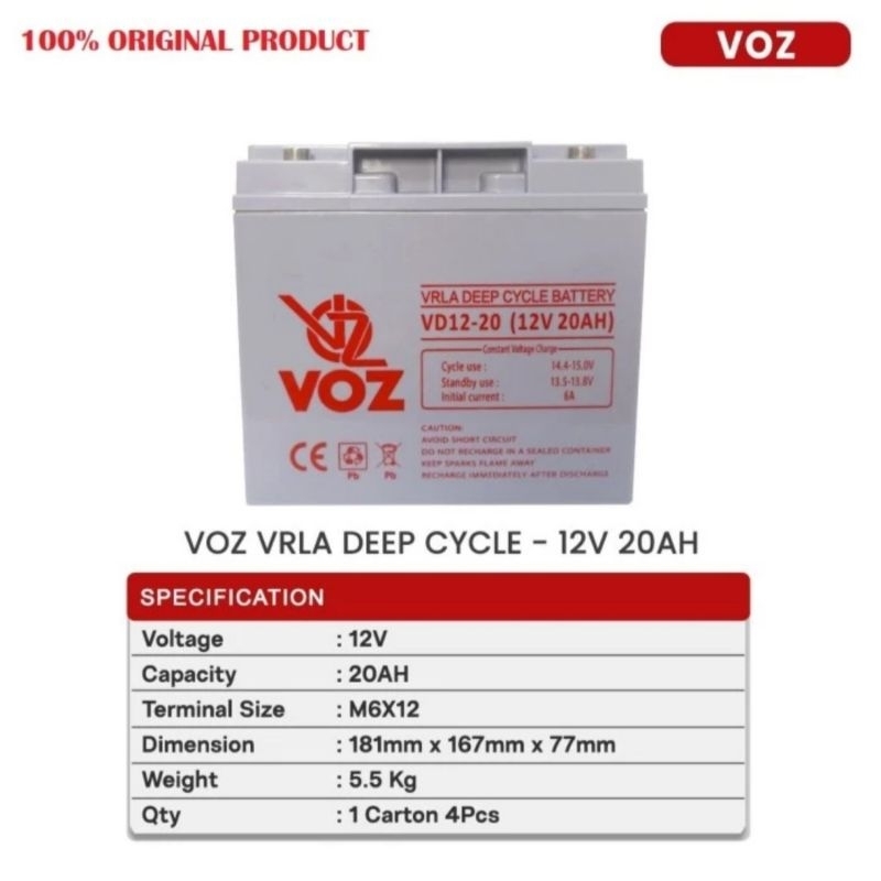 Jual VOZ VRLA Deep Cycle 12V 20Ah Aki Kering Baterai Battery 12 V 20 Ah ...