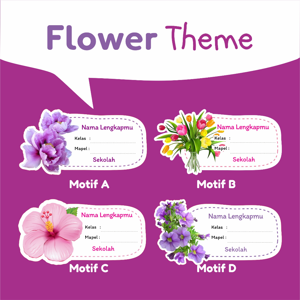 Jual Stiker nama custom sampul buku Tulis/pelajaran Tema Flower, Bunga ...