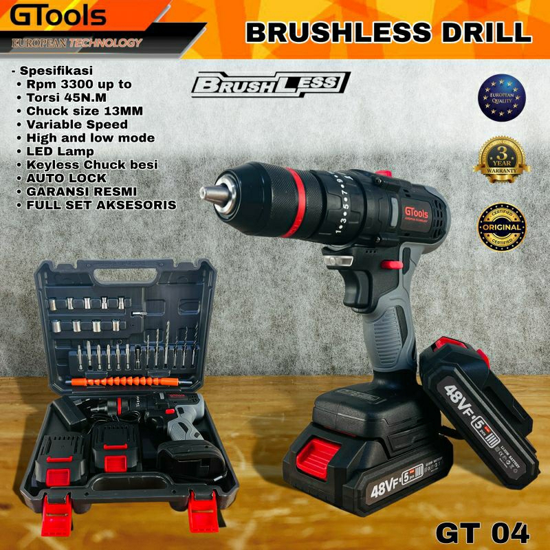 Jual Bor cordless GTOOLS EROPA GT04 48V 13mm brushless impact drill fullset mesin bor beton besi ...