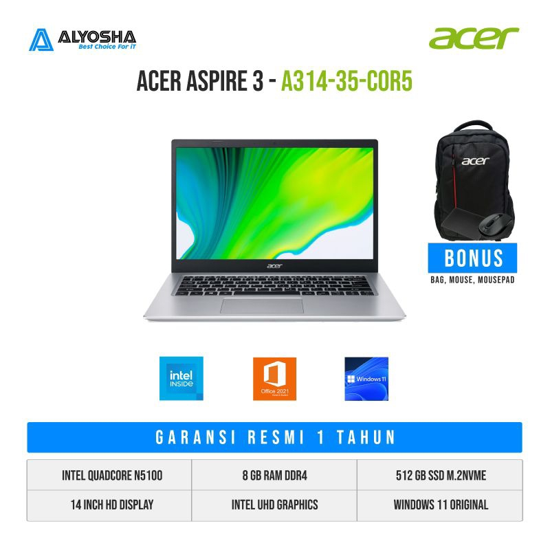 Jual Acer ASPIRE 3 A314-35-C0R5 | INTEL QUAD CORE N5100/8gb/512gb SSD ...