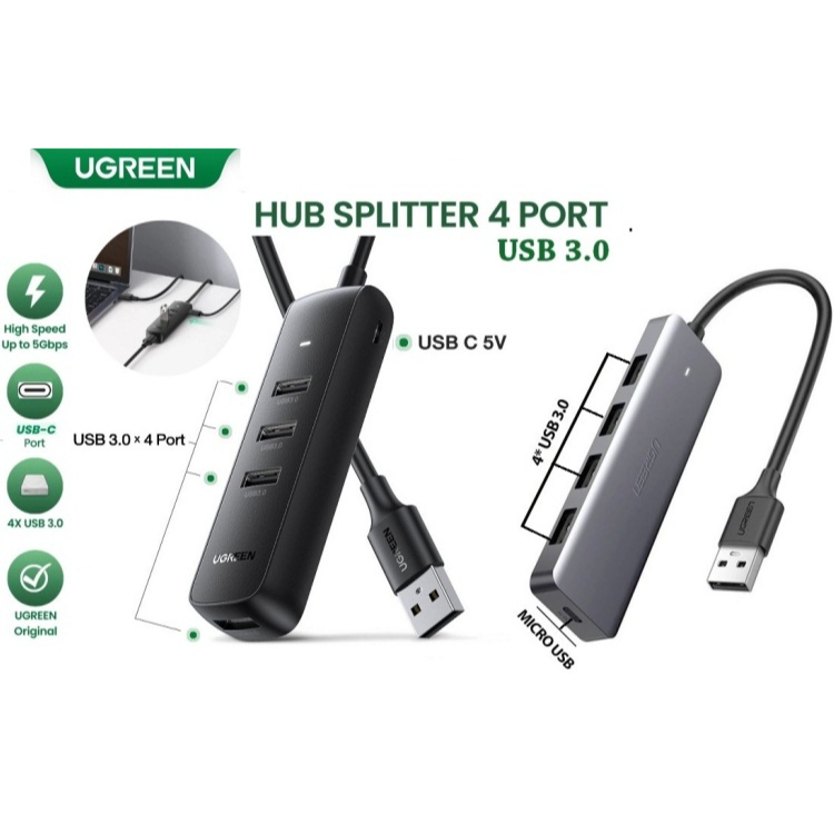Jual Ugreen USB HUB 3.0 4Port High Speed 5Gbps With Extra Power USB Type C | Shopee Indonesia