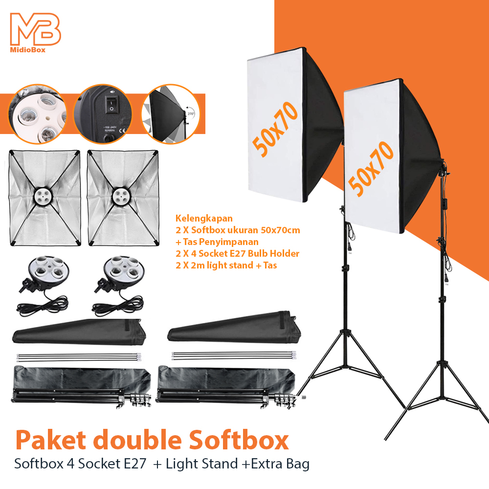 Jual Paket Double Softbox 4 Socket E27 + Light Stand +Extra Bag | Shopee Indonesia