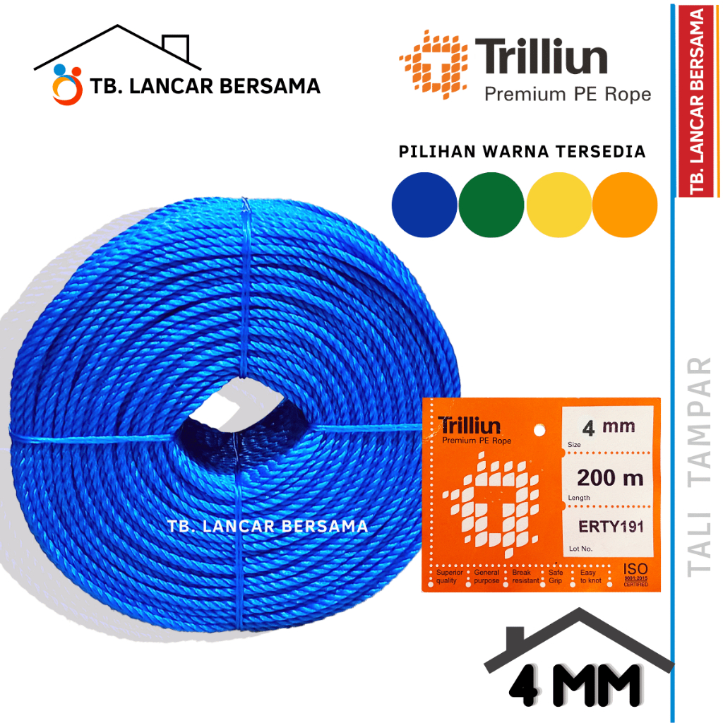 Jual TALI TAMPAR TRILLIUN Uk 4MM ( 200 METER ) / Tali Tambang Plastik UK 4 mm | Shopee Indonesia