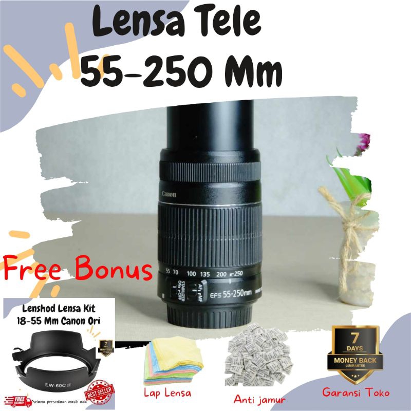 Jual lensa Tele Canon 55-250Mm + Lenshood +Anti Jamur +Lap Lensa ...