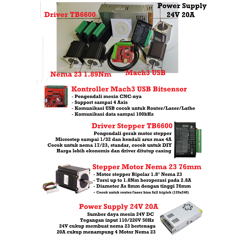 Jual [HAEBOT] Paket CNC 4 Mach3 4Axis USB TB6600 Nema 23 1.8Nm Stepper ...
