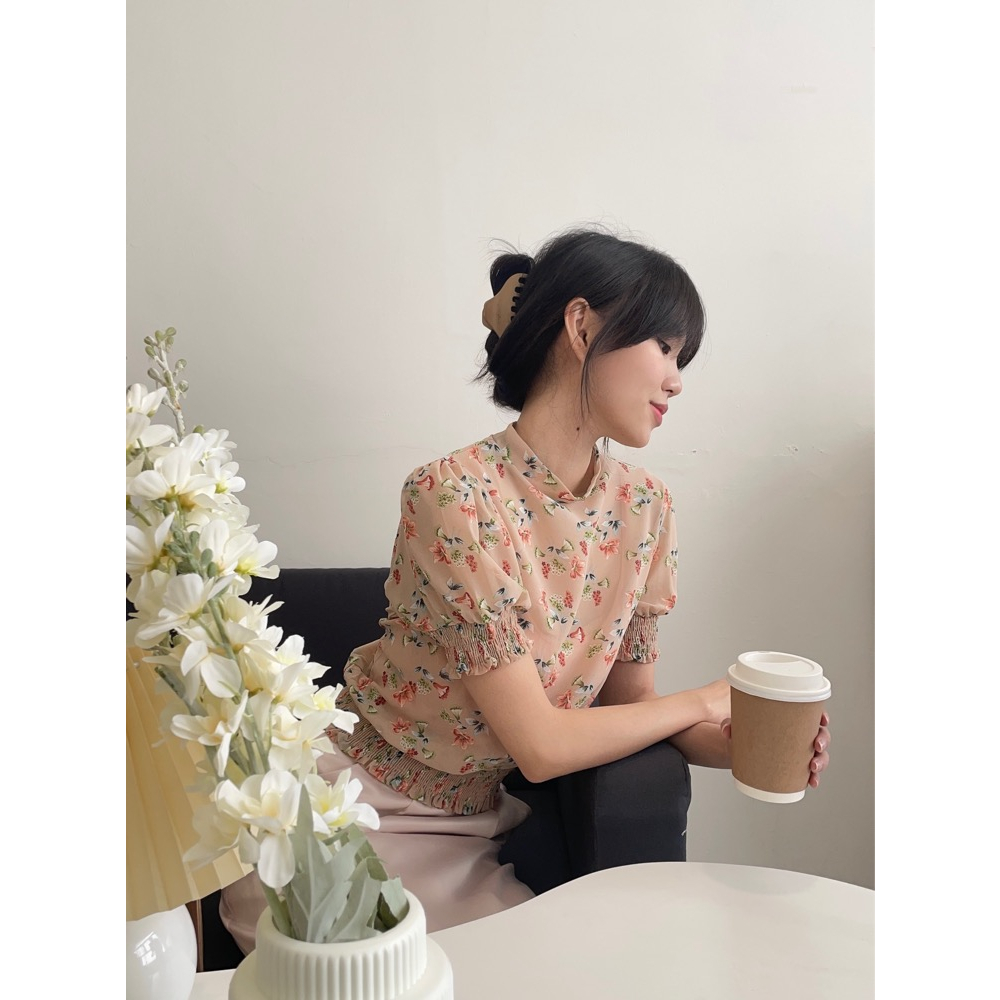 Jual Kadaka T-0442 Top Floral Blouse Atasan Cantik Wanita Bunga Mock Neck | Shopee Indonesia