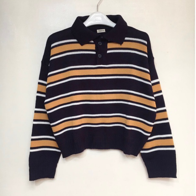 Jual Rajut Polo Kancing Striped Navy Crop | Shopee Indonesia