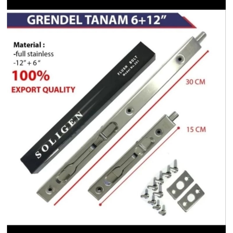 Jual Grendel tanam stainless SOLIGEN 6" + 12" selot pintu 2 flush bolt ...