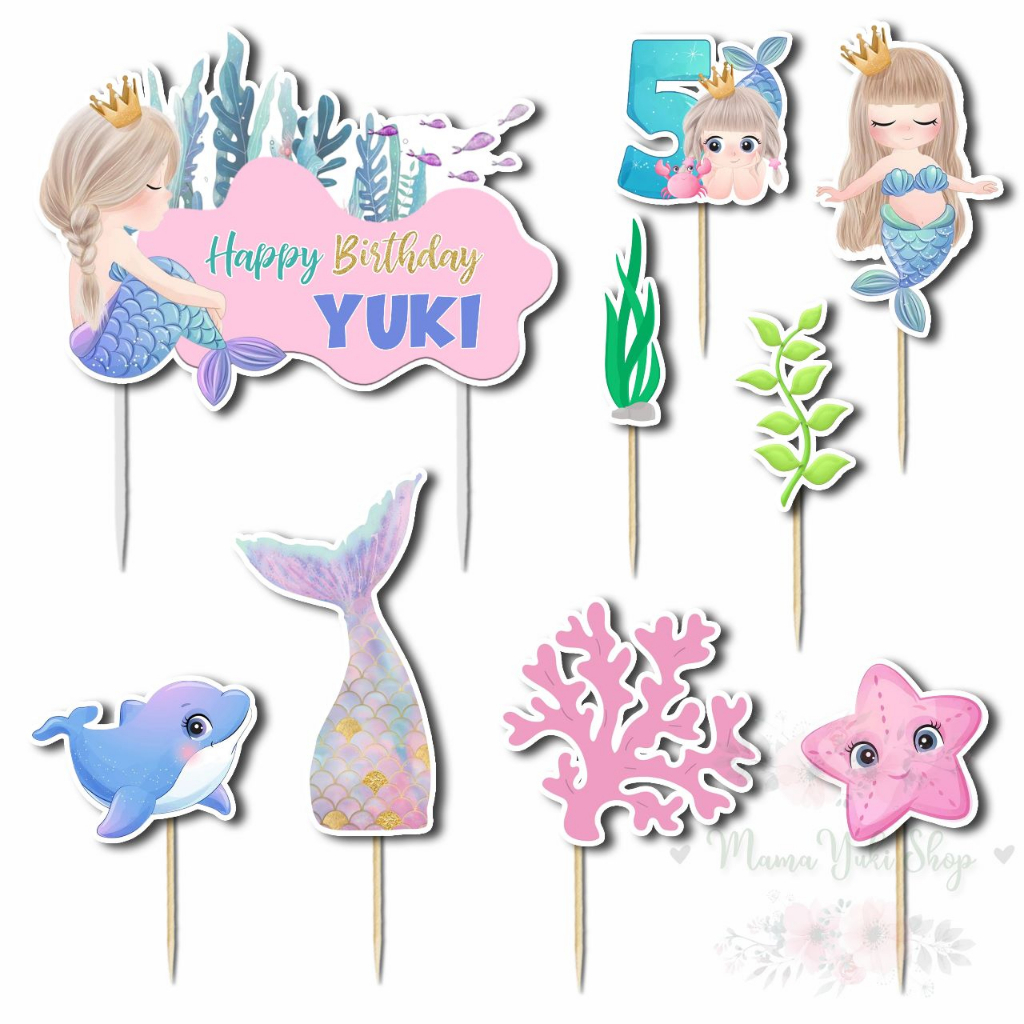Jual Topper Cake Hiasan Kue Ulang Tahun motif CUTE MERMAID Custom Nama ...