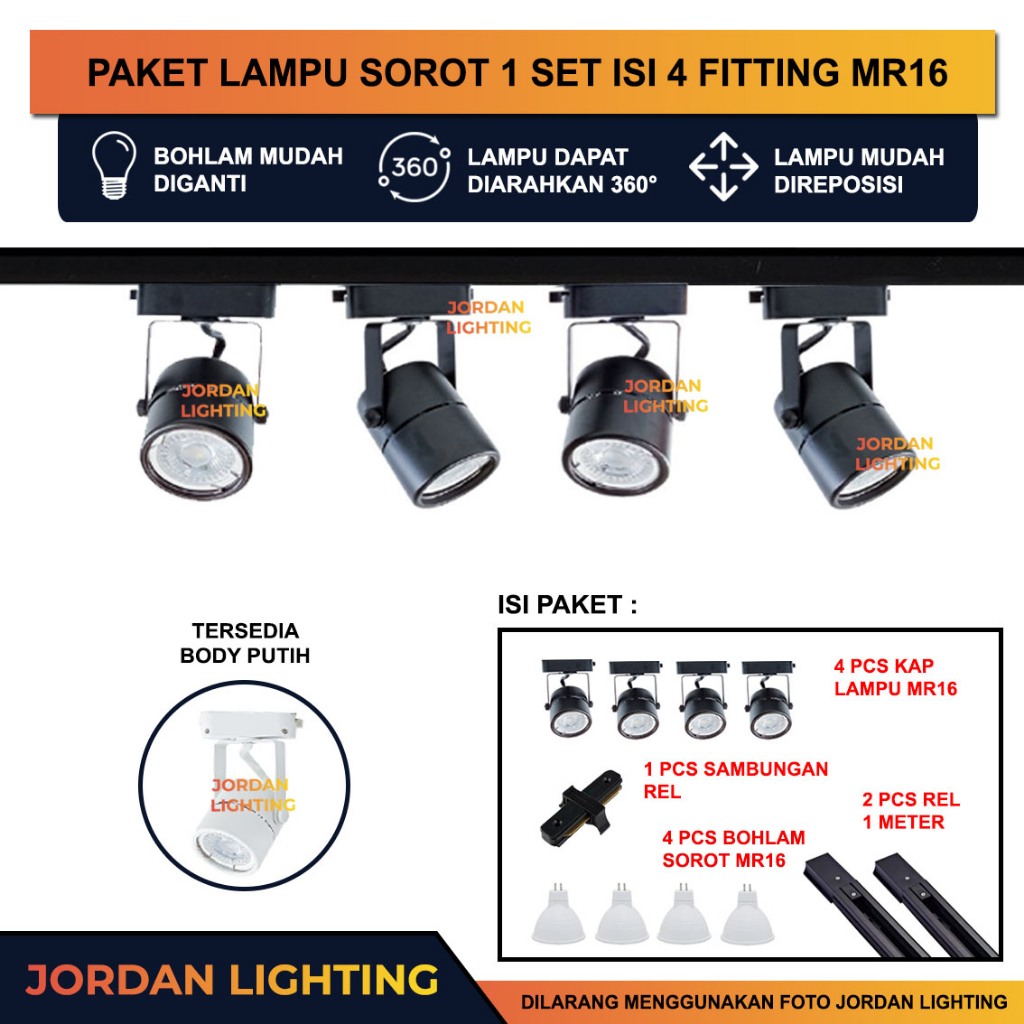 Jual Paket Lampu Sorot Rel isi 4 Spotlight Track Light Rell 2 Meter 2M ...
