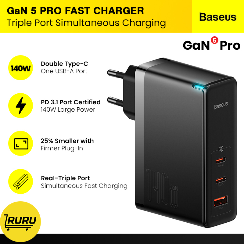 Jual Baseus Charger 140W GaN5 Pro 3 Ports Type C Super Fast Charging ...