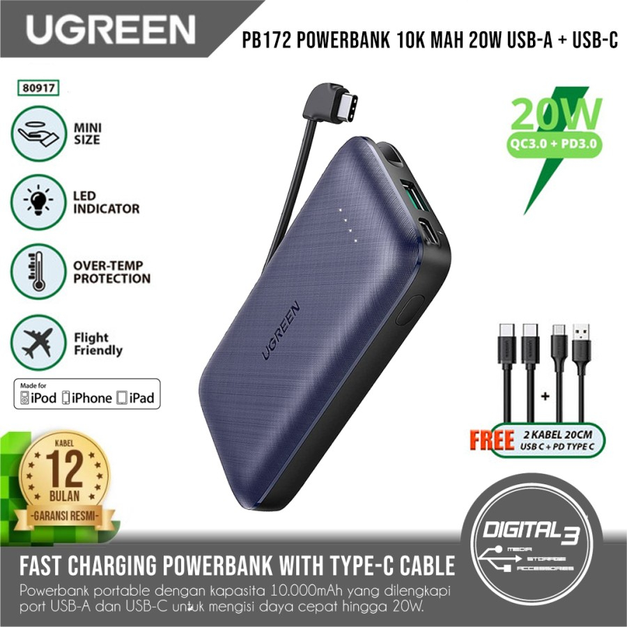 Jual UGREEN PB172 80917 Powerbank 10000mAh PD 20W USB A + Type C Free Cable | Shopee Indonesia