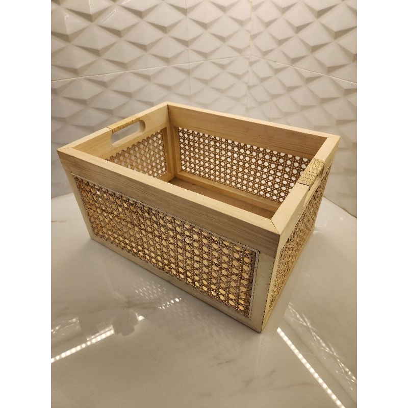 Jual kotak penyimpanan kayu rotan / wood storage box with handle ...