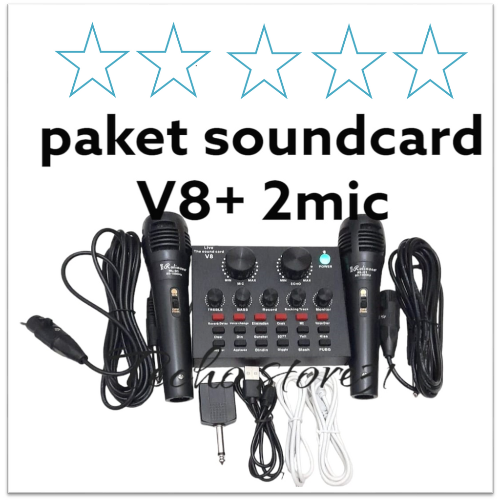 Jual Satu Paket Sound Card V8 + 2 mic karoke Live Broadcast Mixer ...