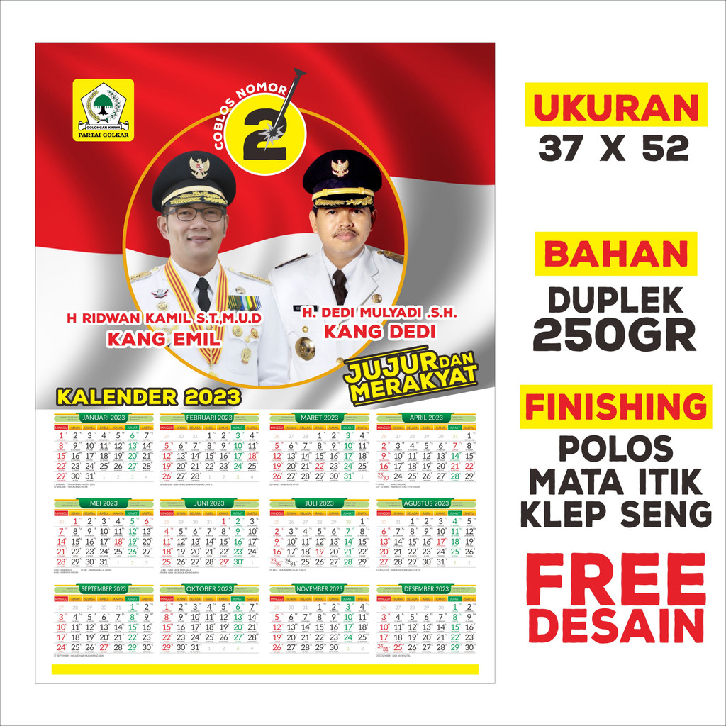 Jual MINIMAL 2000PCS!! UKURAN BESAR! KALENDER DINDING CALEG 37 X 52 CM ...