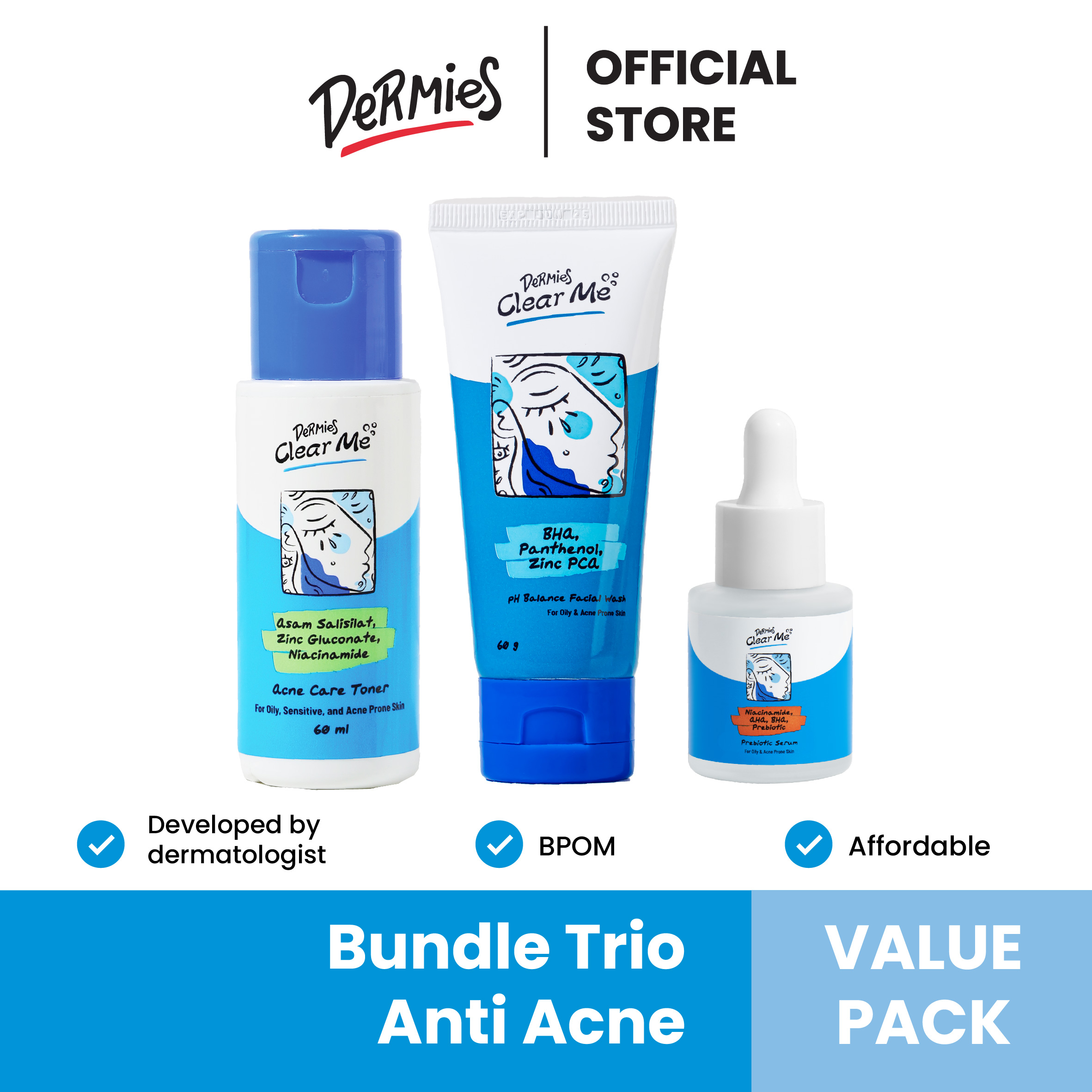 Jual Dermies Trio Anti Acne - Facial Wash&Toner Jerawat & Prebiotic ...