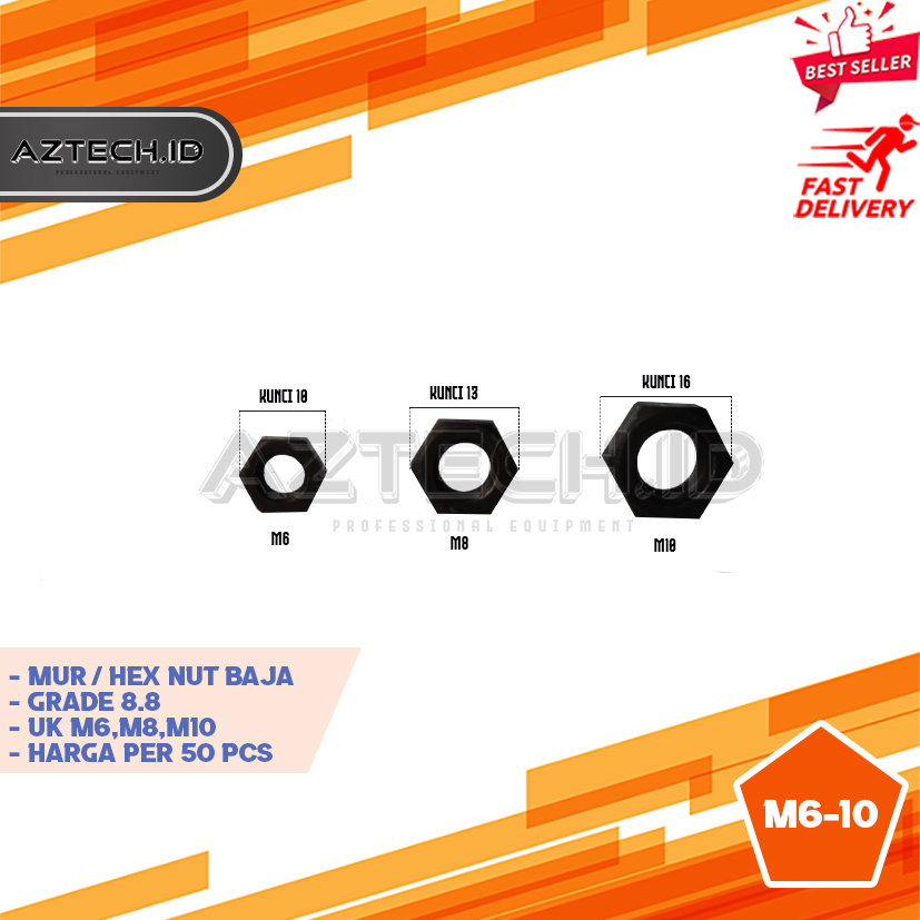 Jual Hex nut mur baja hitam M6, M8, M10 grade 8.8 50pcs | Shopee Indonesia
