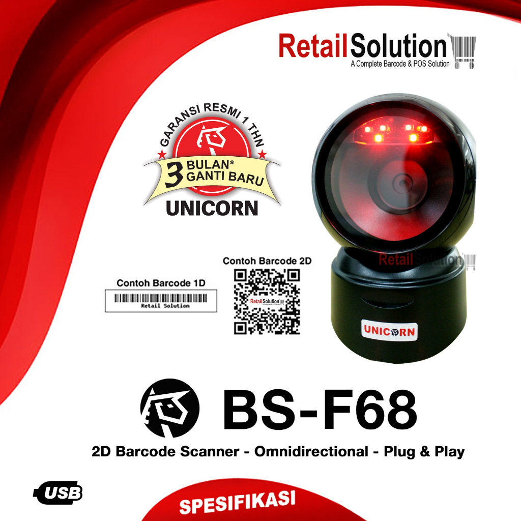Jual Barcode Scanner Omni 2D QR Code USB - Unicorn BS-F68 / BSF68 ...