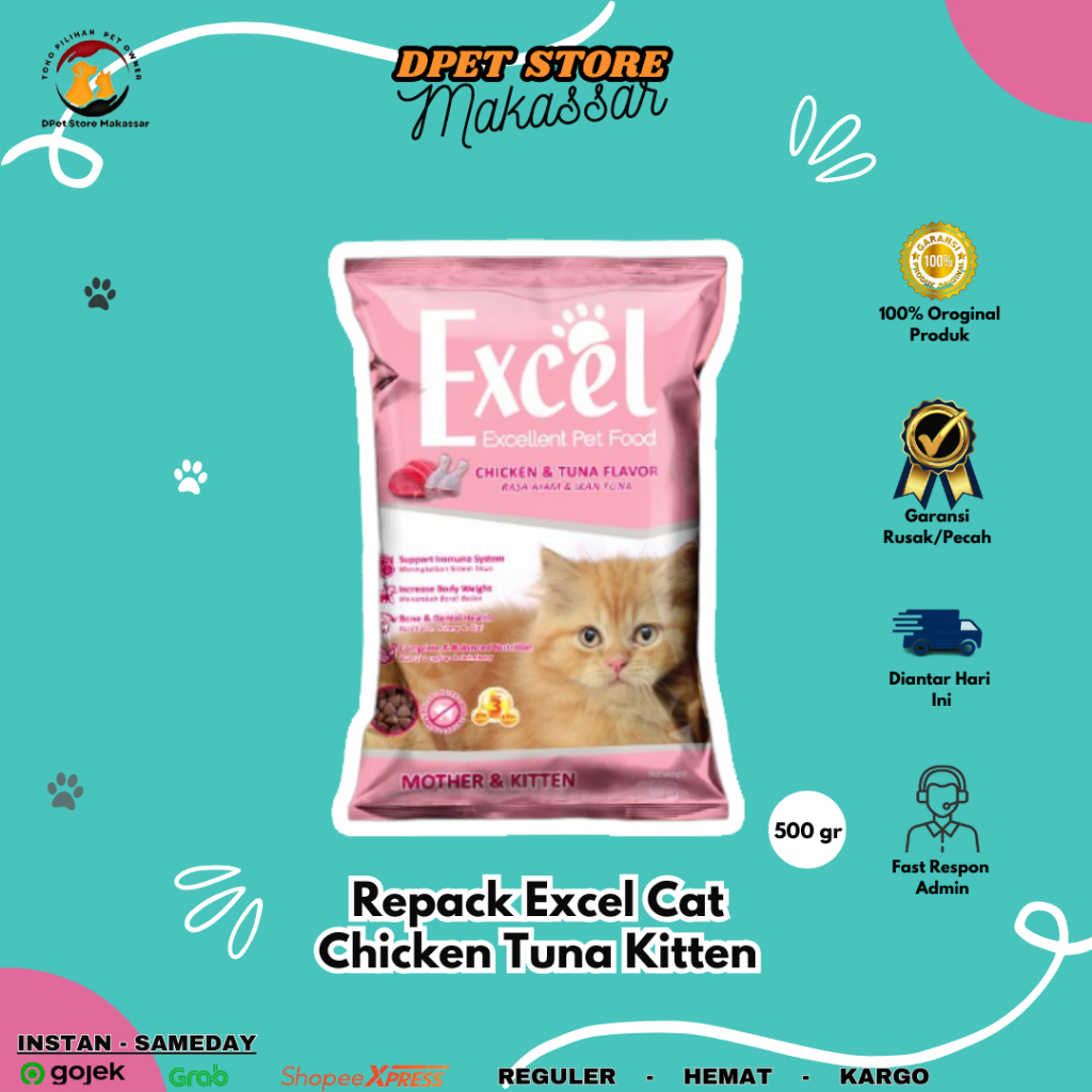 Jual Makanan Kucing kering Repack Excel Cat Chicken Tuna Kitten 500gr ...