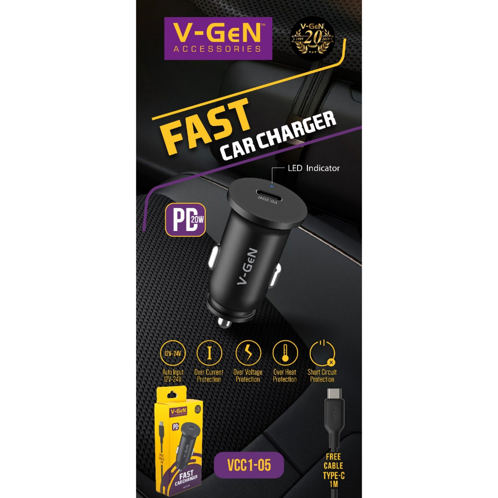 Jual Car Charger V-GeN VCC1-05 Fast Charging Type C PD 20W Charger ...