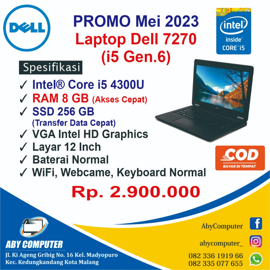 Jual Laptop Dell 7270 Core i5 Gen.6 Ram 8 GB - SSD 256 GB - Layar 12 ...