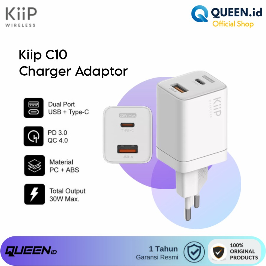 Jual KiiP Wireless C10 Charger Adaptor 30W 3A DUAL PORT USB + TYPE C ...