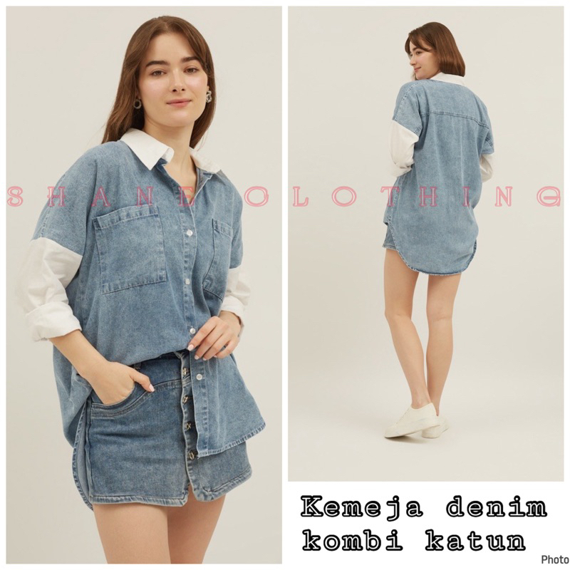 Jual SHANE CLOTHING KEMEJA WANITA KOMBINASI DENIM LENGAN PANJANG BAHAN ...