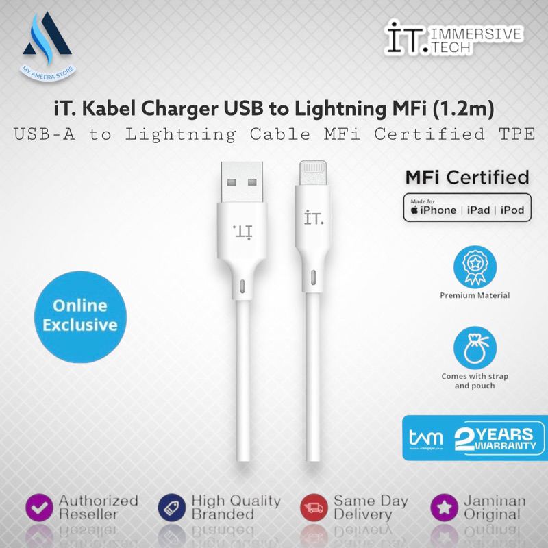Jual IT Kabel Charger USB A to Lightning Cable Mfi Certified 1.2m TPE Cable iT Power Connector ...