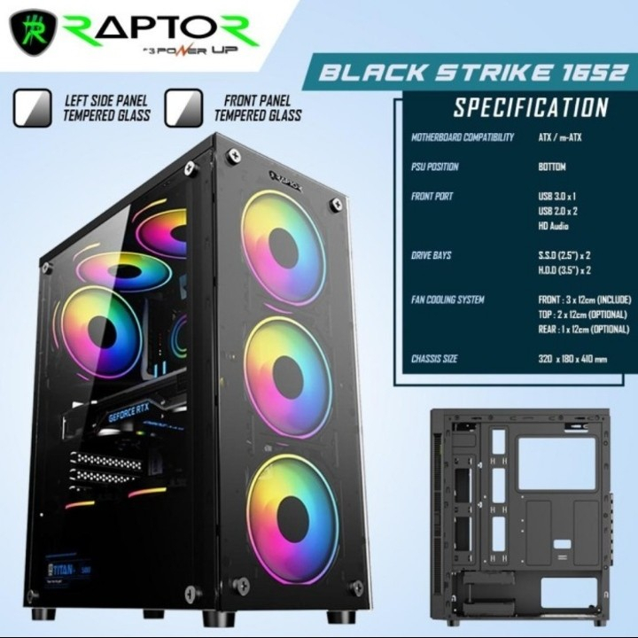 Jual Casing PC Raptor Black Strike 1652 free 3 fan RGB ATX | Shopee ...