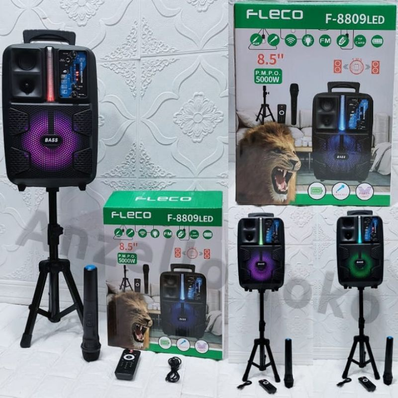 Jual Speaker karaoke Fleco F-8809 LED 8.5 inch/ free mic wireless+remote+standing/speaker ...