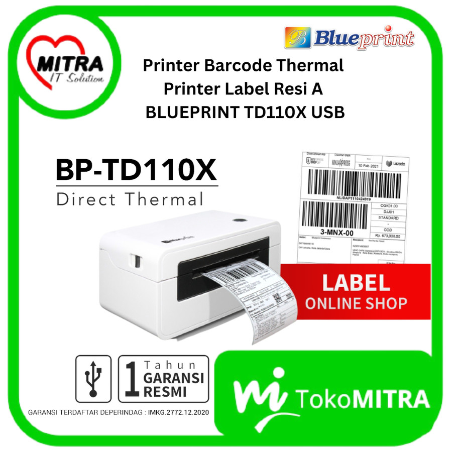 Jual Printer Barcode Thermal Printer Label Resi A6 BLUEPRINT TD110X USB ...